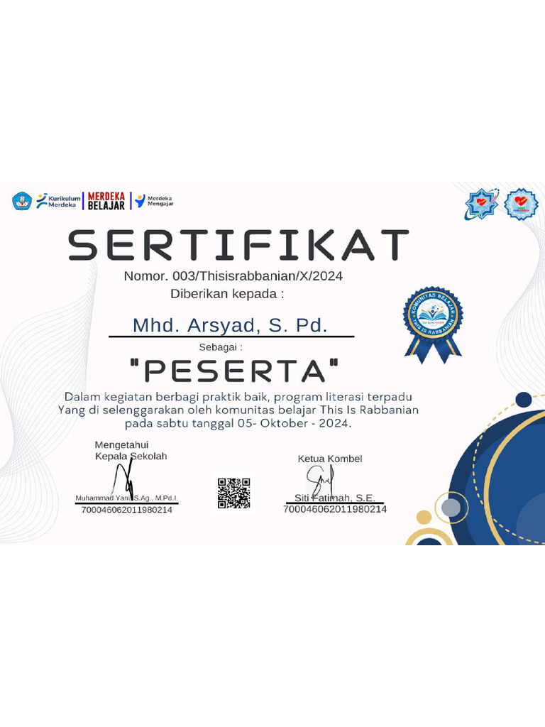 Sertifikat Literasi Terpadu Mhd. Arsyad 2024 | PDF