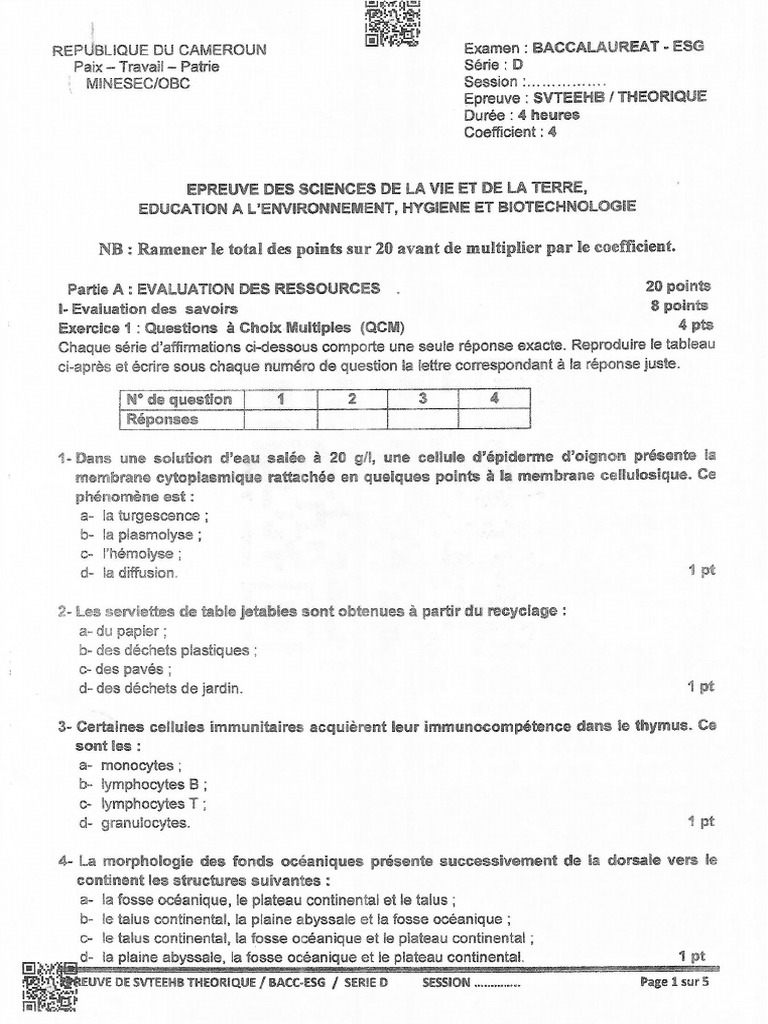 Preuve de SVTEEHB + Corrigé - Baccalauréat 2025 - Série D - Cameroun | PDF