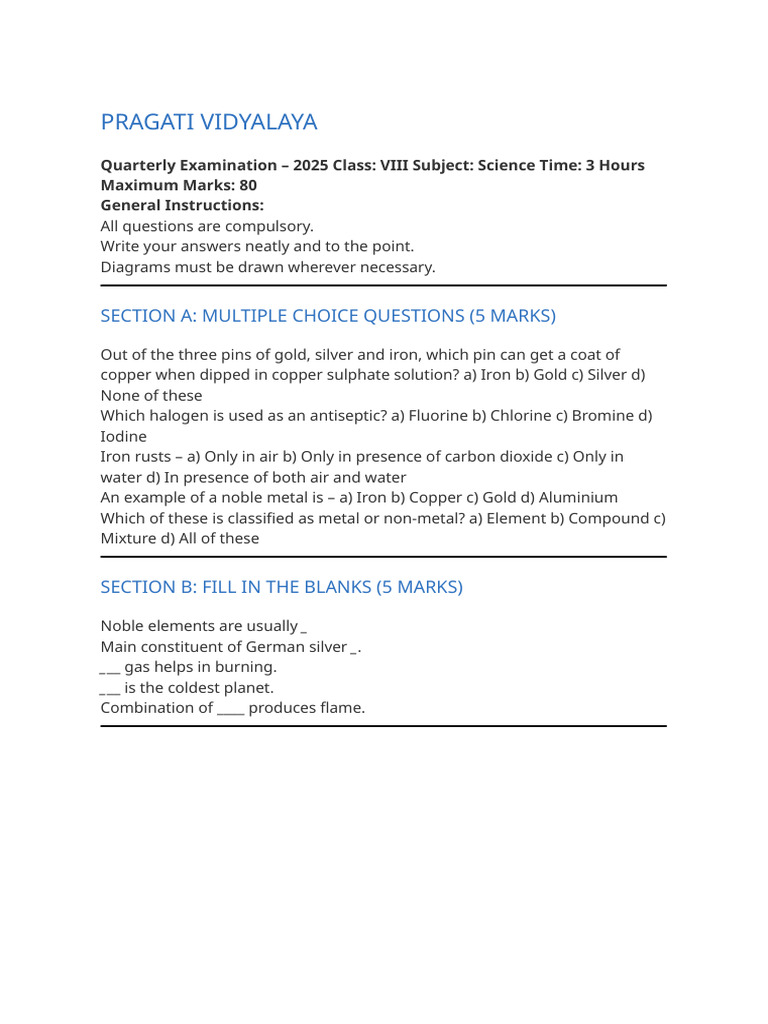 Science Exam Paper Class VIII 2025 | PDF | Iron | Carbon