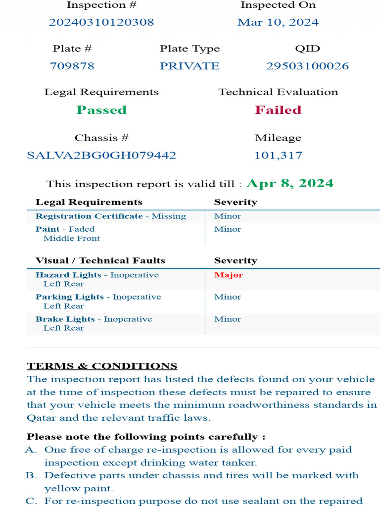 FAHES - Vehicle Inspection Result | PDF