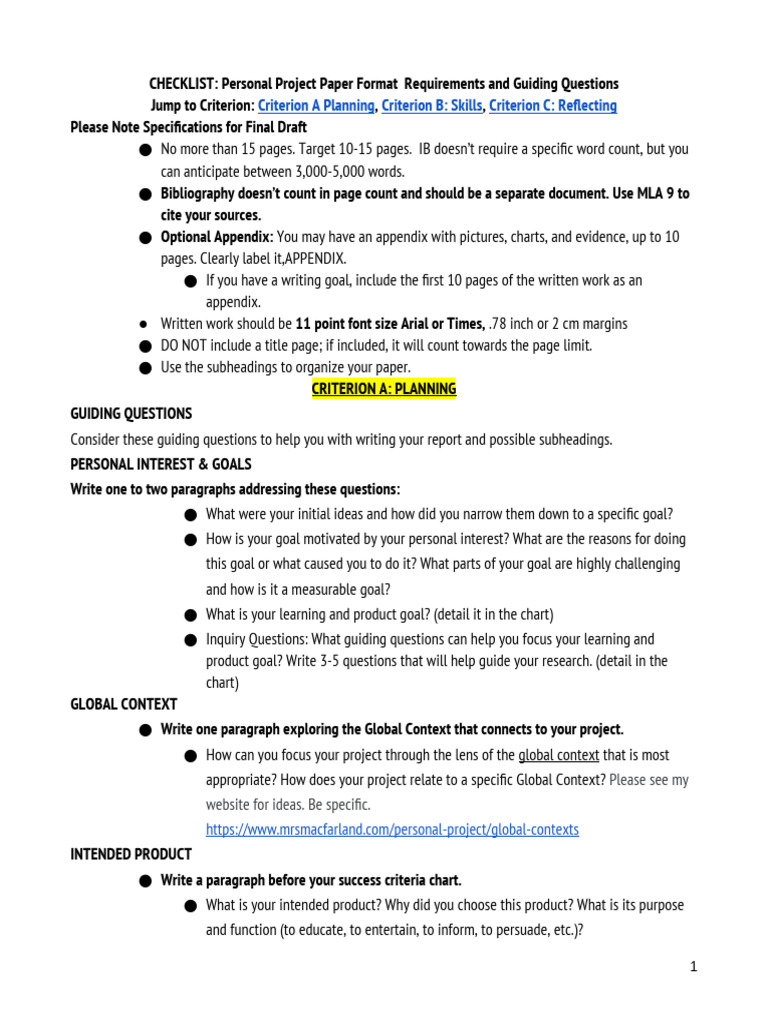 Personal Project Paper Format Requirements and Guiding Questions | PDF ...