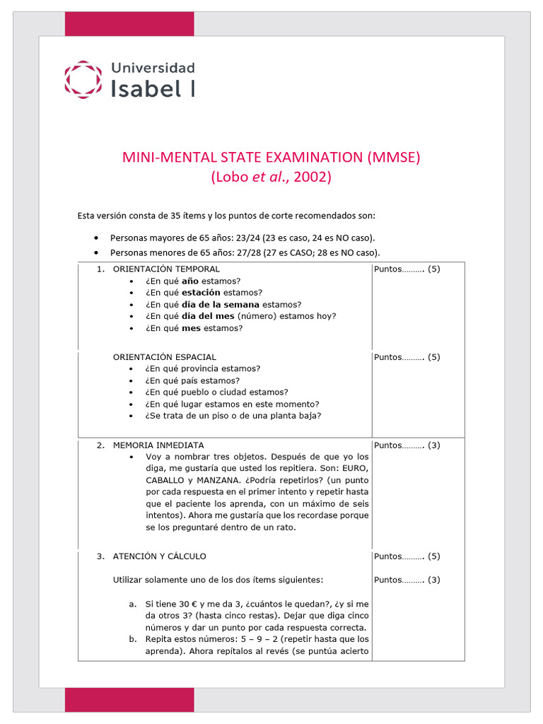 Examen Mini-Mental (MMSE) Detallado | PDF