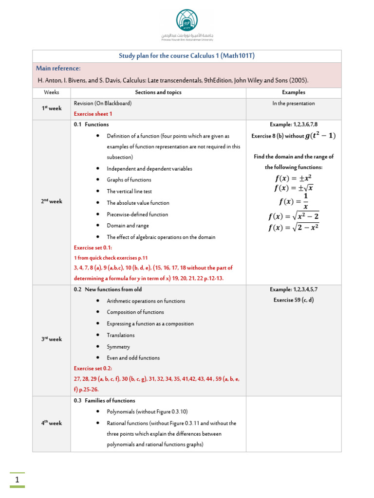 Study Plan 101 Autunm2025 | PDF | Function (Mathematics) | Derivative