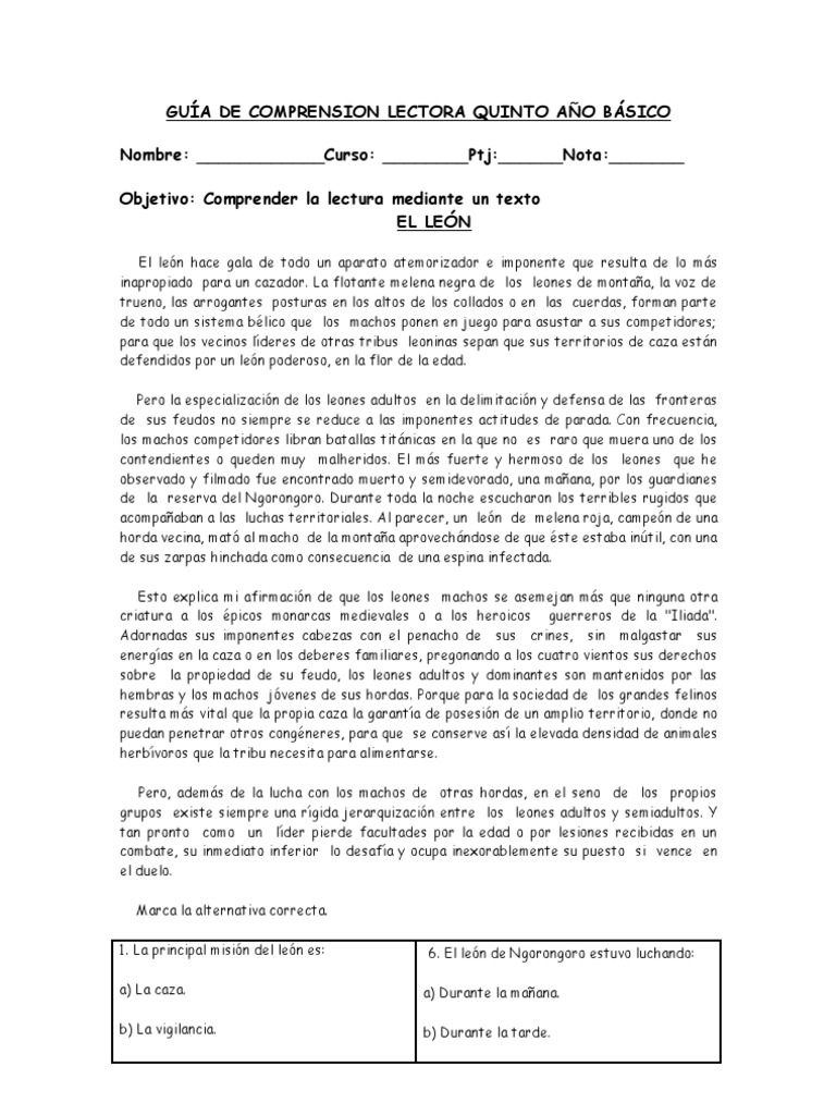 GUÍA DE COMPRENSION LECTORA QUINTO AÑO BÁSICO