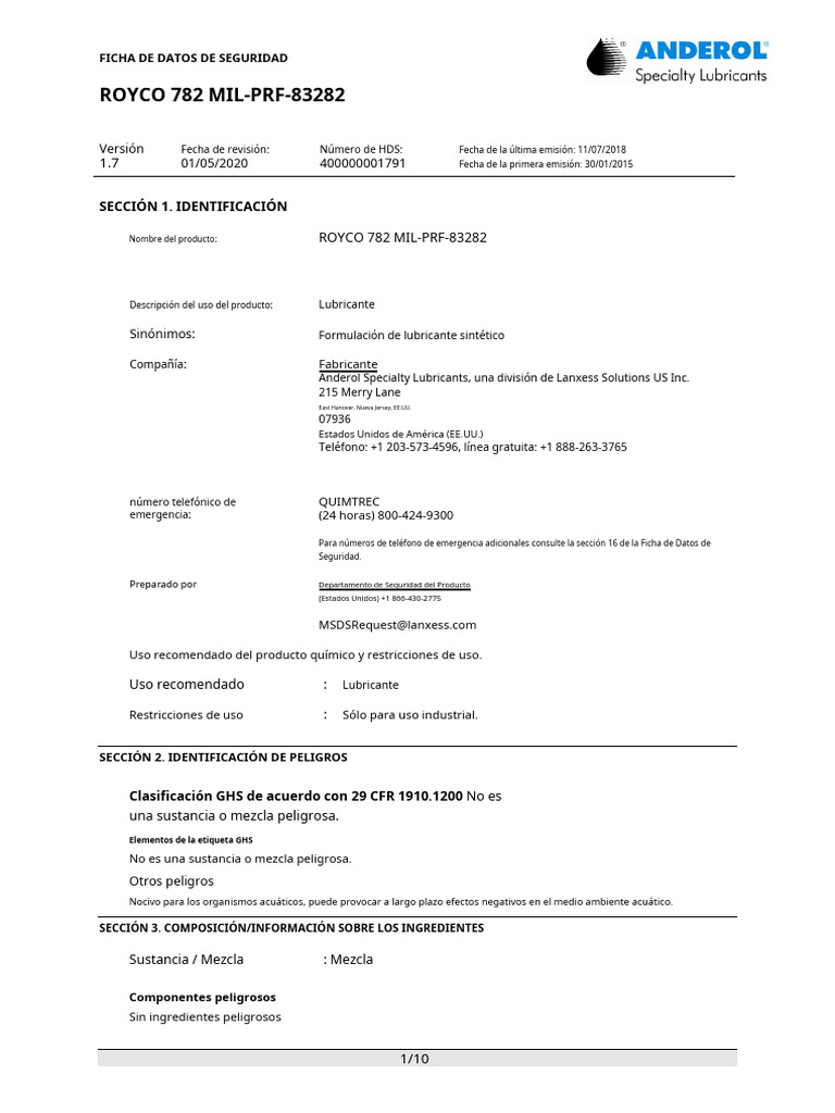 Ficha de Seguridad ROYCO 782 MIL-PRF-83282 | PDF | Agua | Residuos