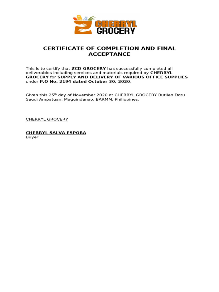 Certificate of Completion and Final Acceptance | PDF