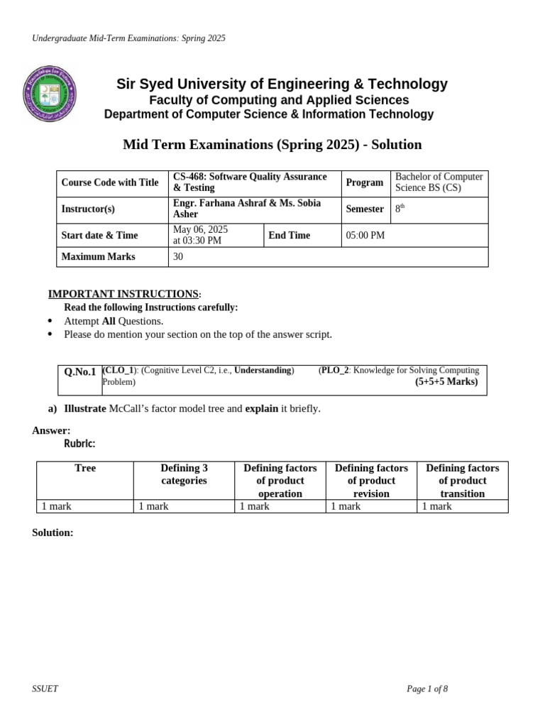 Sqa - Mid Term Exam Paper Spring 2025 Cs Solution | PDF | Software ...