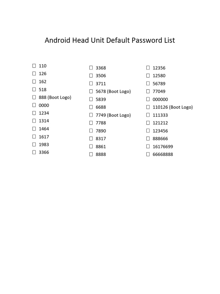 Android Head Unit Default Password List | PDF