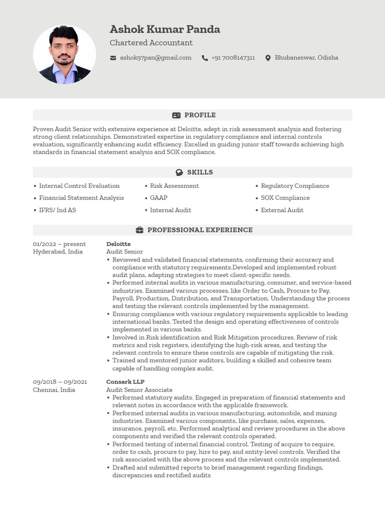CA Ashok Kumar Panda CV | PDF | Audit | Internal Audit