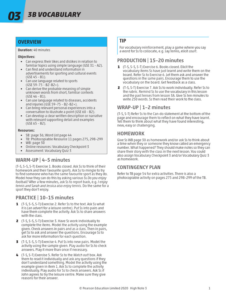 HighNote3 Unit03 3B LessonPlan | PDF | Vocabulary | Human Communication
