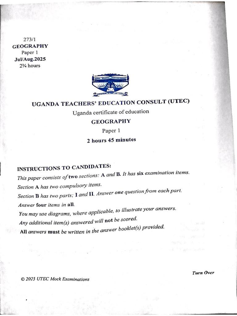 S.4 Geography Paper 1 UTEC Mocks 2025 1 | PDF