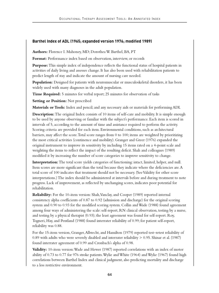 Barthel Print Assessment Tools | PDF | Physical Therapy | Medical ...