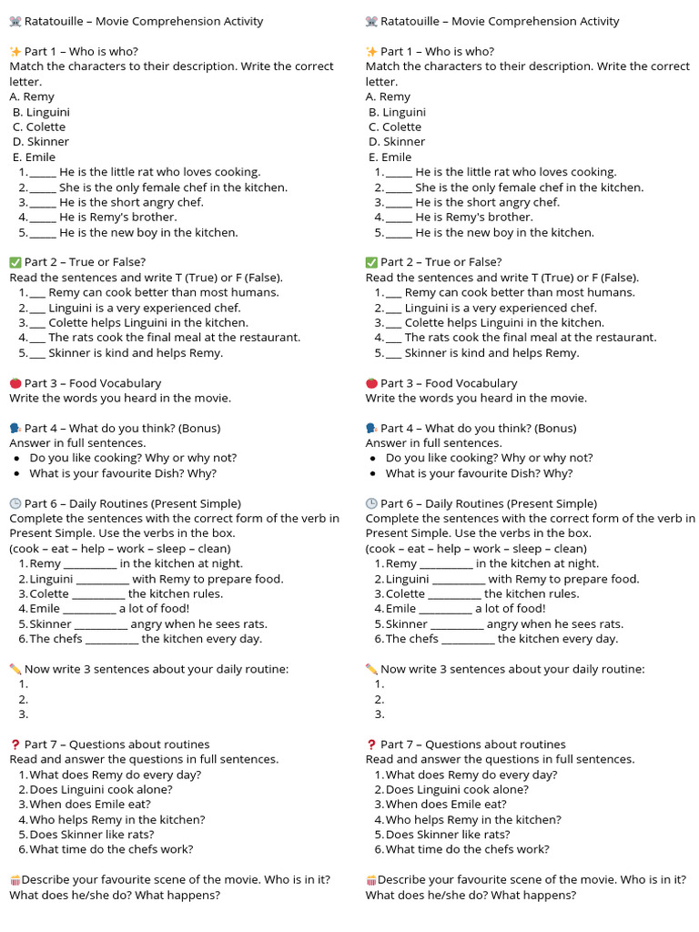 ? Ratatouille - Movie Comprehension Activity (Level A2) Name 20250717 ...