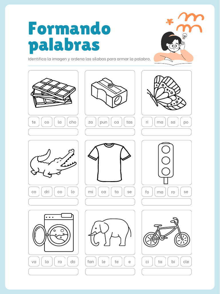 Hoja de Trabajo de Lenguaje Formando Palabras Ilustrativo Celeste | PDF