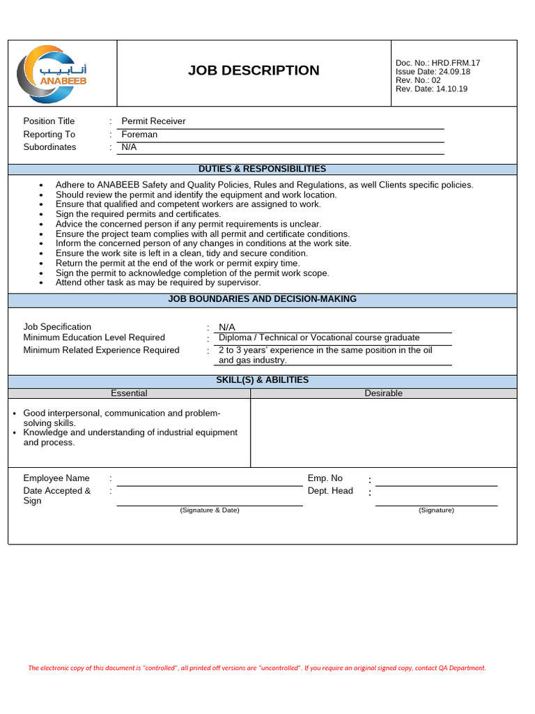 Permit Receiver Job Description | PDF