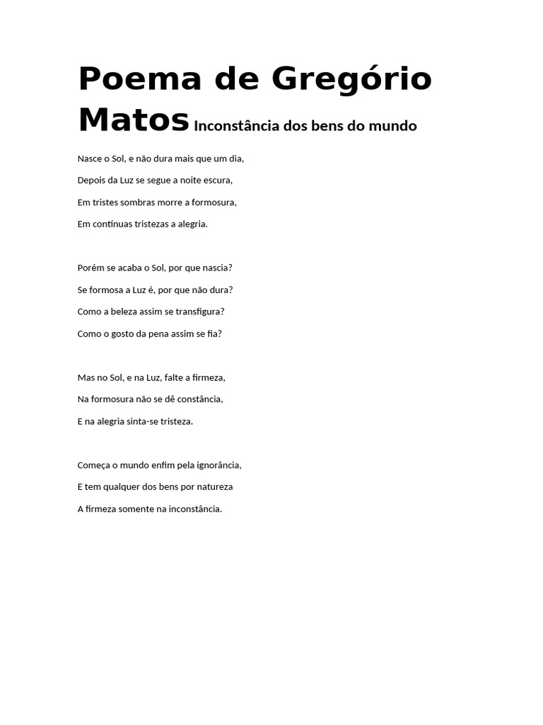Poema de Gregório Matos Inconstância Dos Bens Do Mundo | PDF