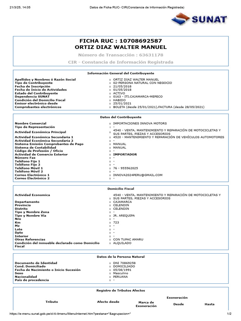 Ficha RUC de Ortiz Díaz Walter Manuel | PDF