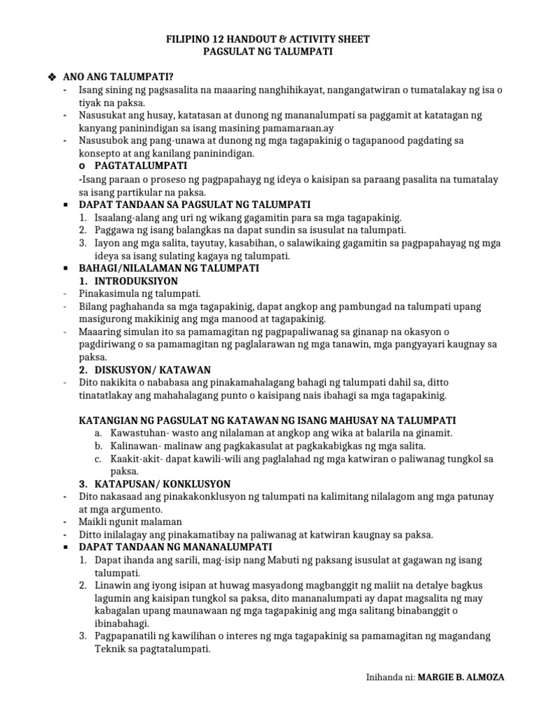 FILIPINO 12 HANDOUT - PAGSULAT NG TALUMPATI | PDF