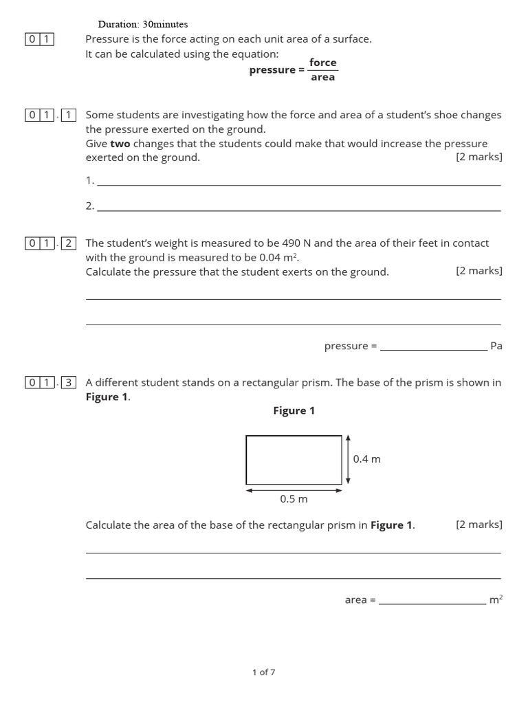 Pressure and Buoyancy Exam Questions | PDF | Density | Pressure