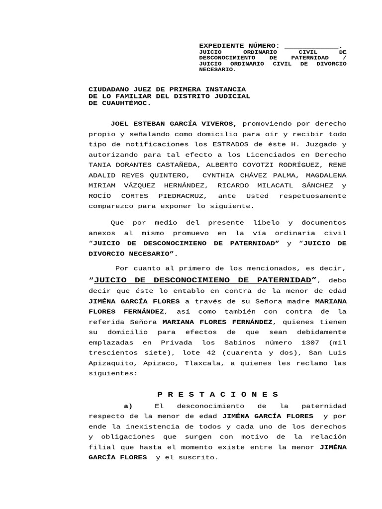 Juicio Civil: Desconocimiento de Paternidad y Divorcio | PDF | Divorcio ...