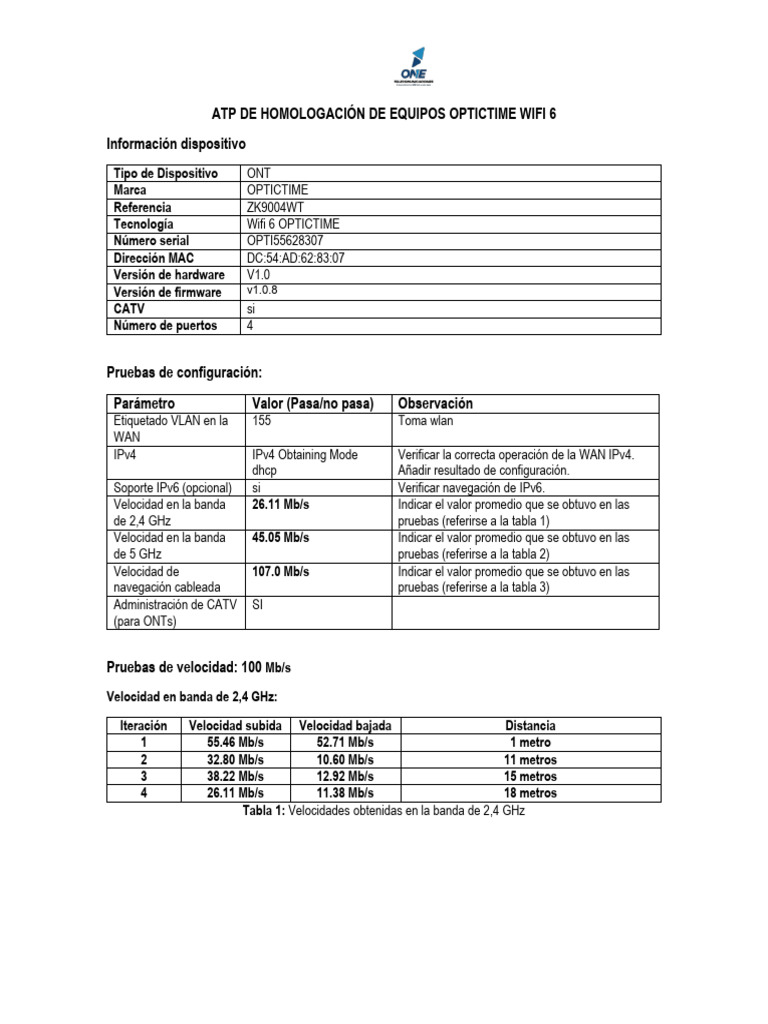 Atp de Homologación Optictime Wifi 6 One Telecomunicaciones | PDF | Red ...