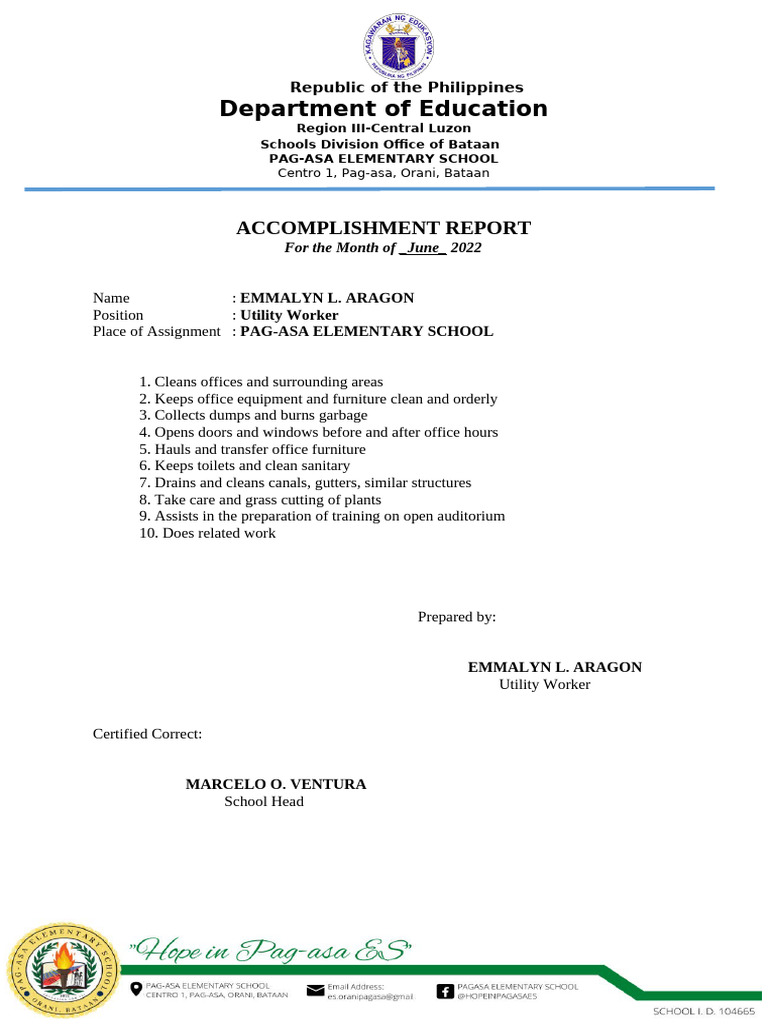 Utility Worker Accomplishment Report - June 2022 | PDF | Chess Theory ...