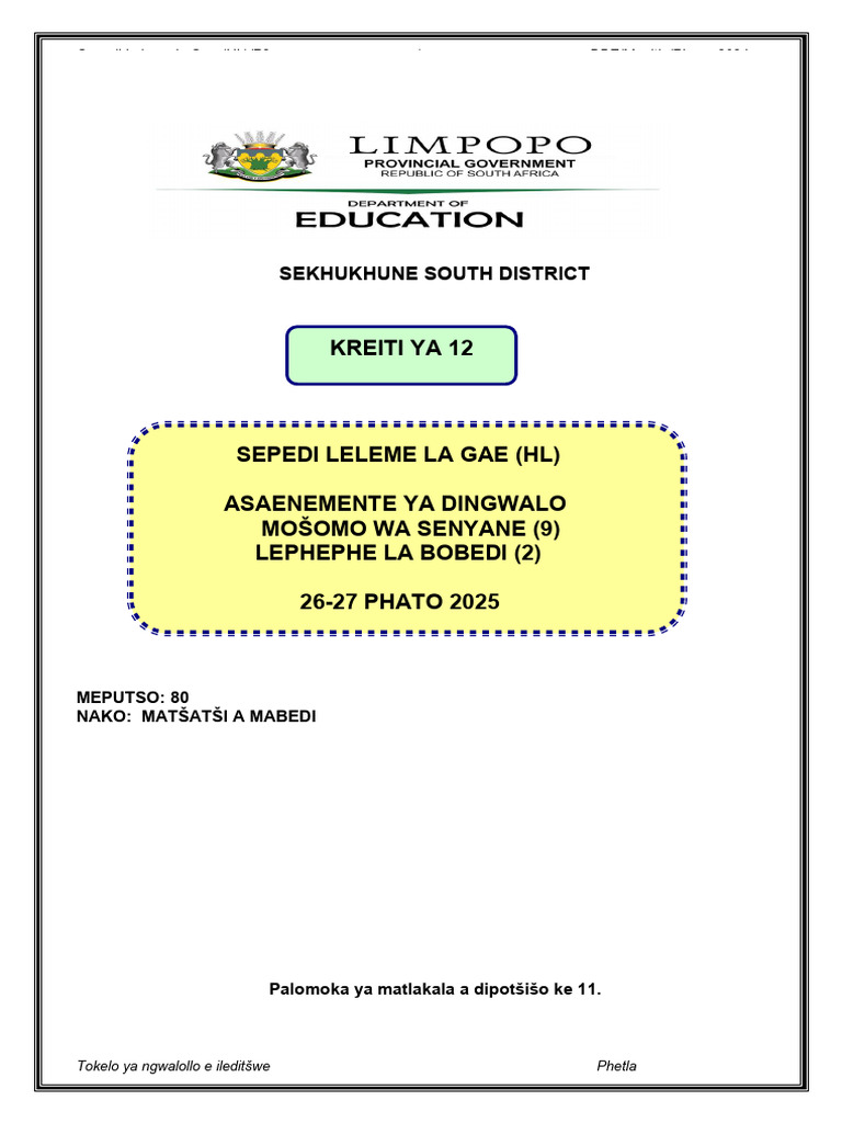 Sepedi HL p2 Grade 12 Task 9 Asaenemente Ya Dingwalo 2025 QP | PDF