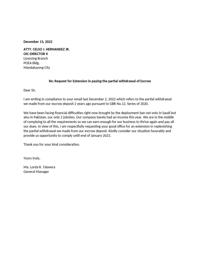 Request for Escrow Withdrawal Extension | PDF