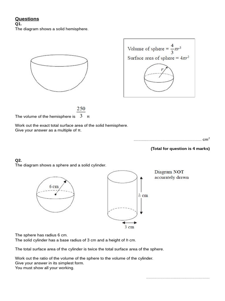 Area and Volume Exam Questions | PDF | Sphere | Area