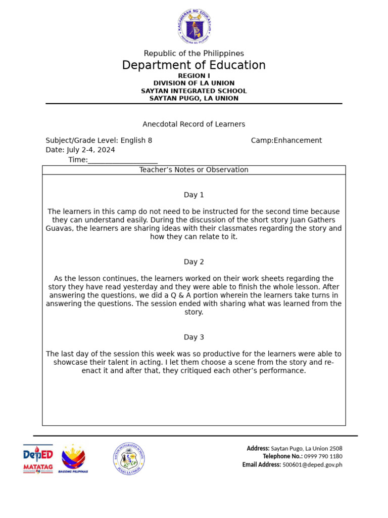 English 8 Camp Anecdotal Record | PDF | Learning | Teaching