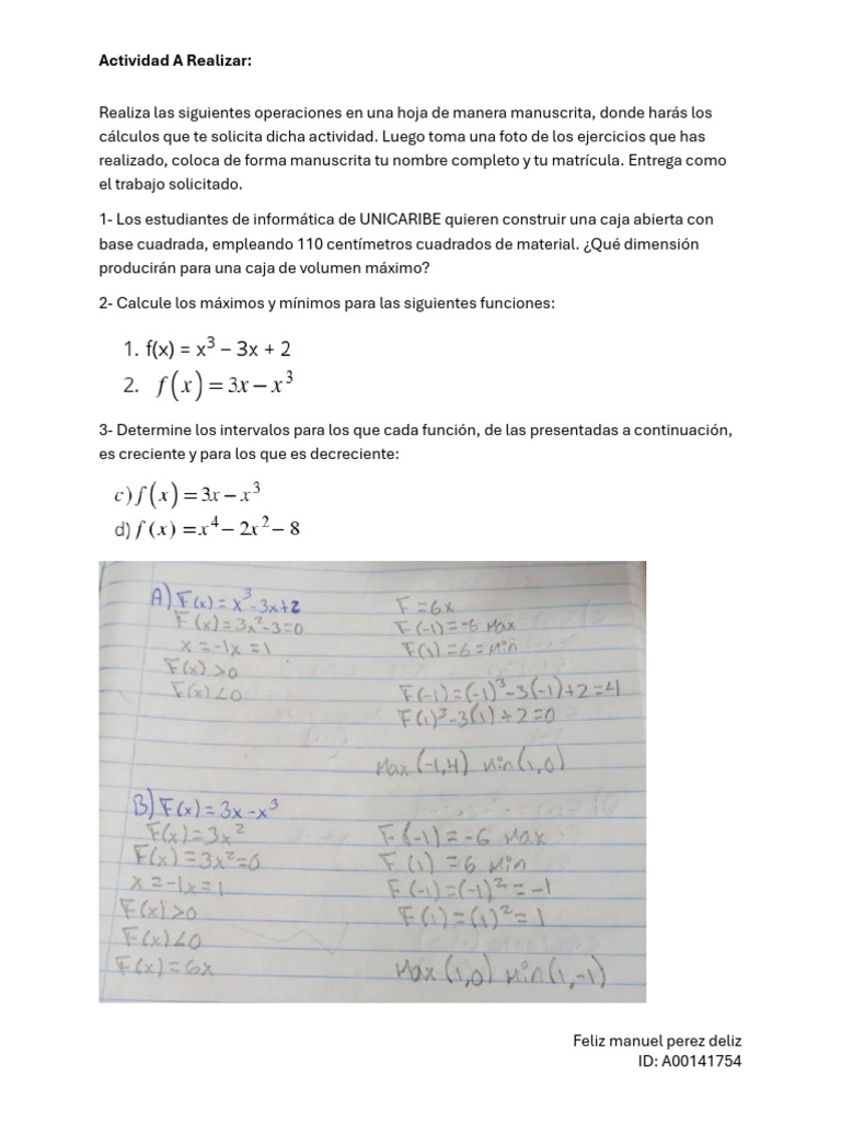 Feliz Manuel Perez Deliz - Unidad 4. Actividad 3. Aplicaciones de Las Derivadas | PDF
