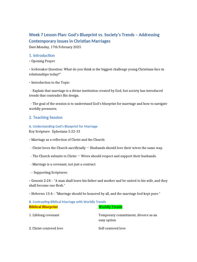 Gods Blueprint Vs Societys Trends Lesson Plan | PDF | Marriage | Bible