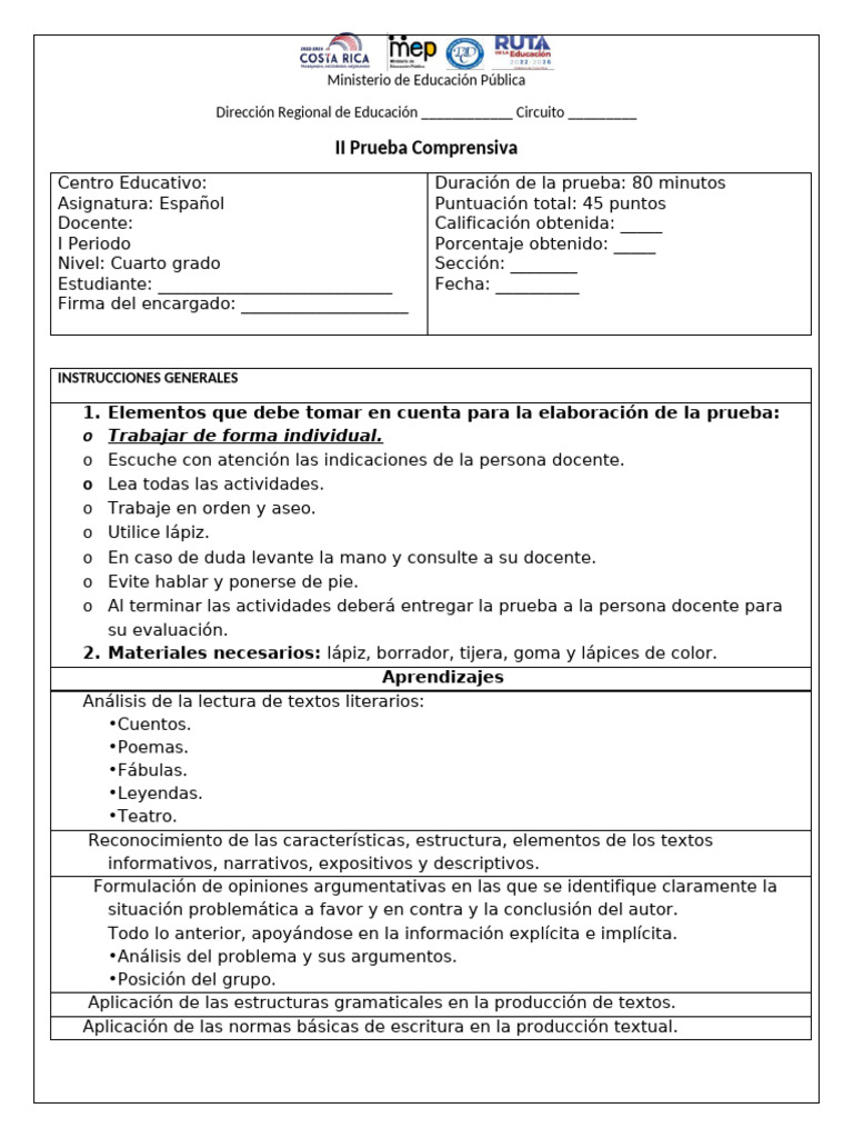 Prueba Comprensiva Español Cuarto Grado | PDF