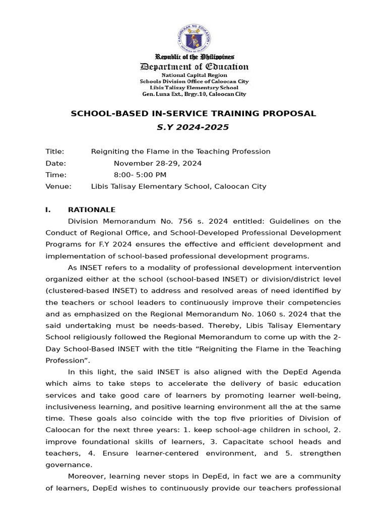 SCHOOL Based Inset Proposal and Matrix | PDF | Teachers | Inclusion (Education)