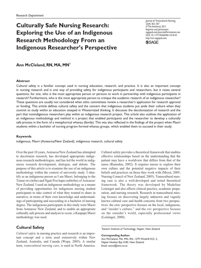 McCleland (2011) Culturally Safe Nursing Research Exploring The Use of An Indigenous Research ...