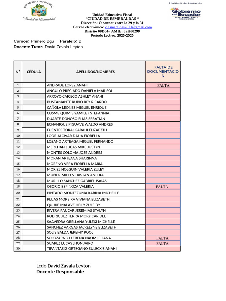 Listado de Alumno Que Falta Documentacion Primero B | PDF