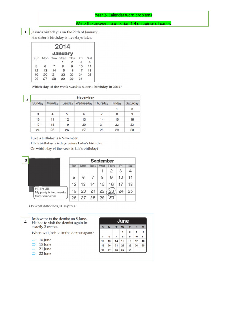 XT-calendar Word Problems (Extension Task) | PDF