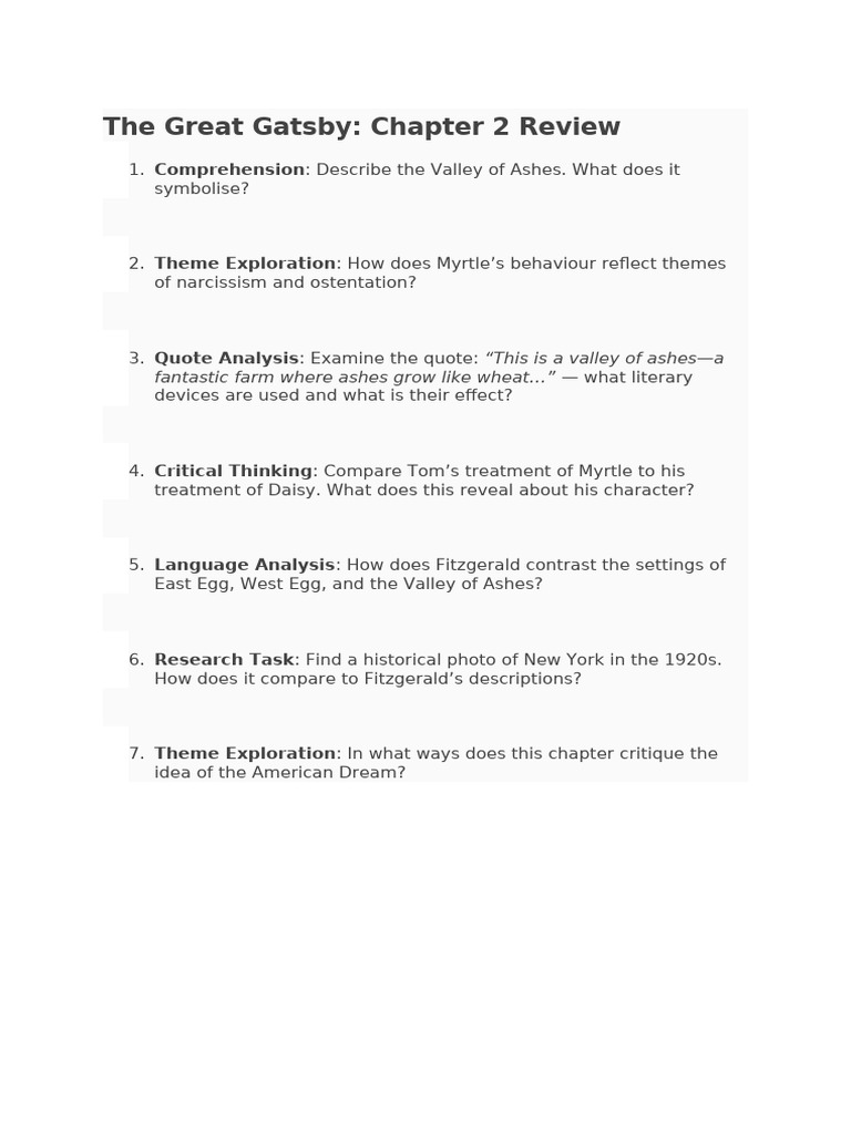 The Great Gatsby - Chapter 2 Review Questions | PDF