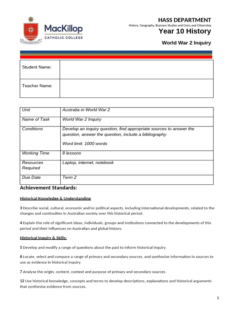 Australia in World War 2 Inquiry Task | PDF | Inquiry | Knowledge