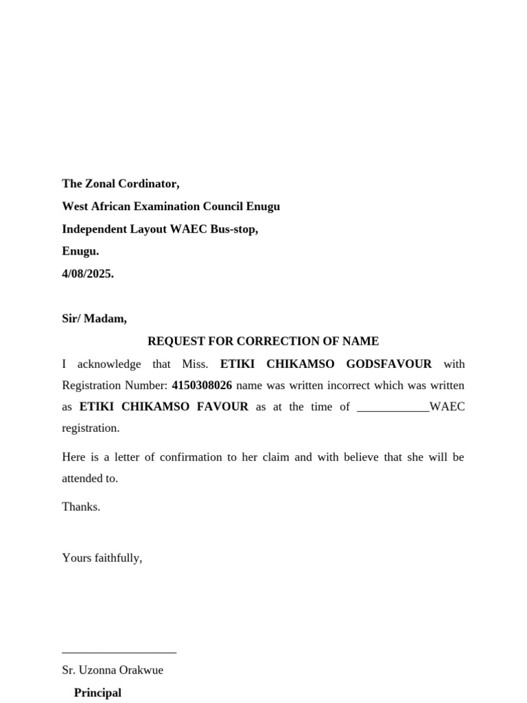 WAEC Name Correction Request Letter | PDF