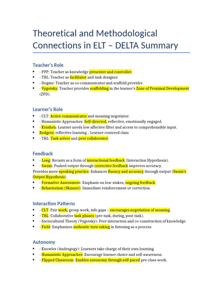 ELT Theory Method Connections DELTA Summary | PDF | Learning | Neuroscience