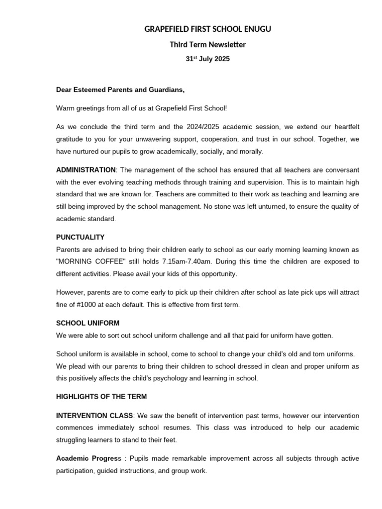 Grapefield First School Third Term Update | PDF | Learning