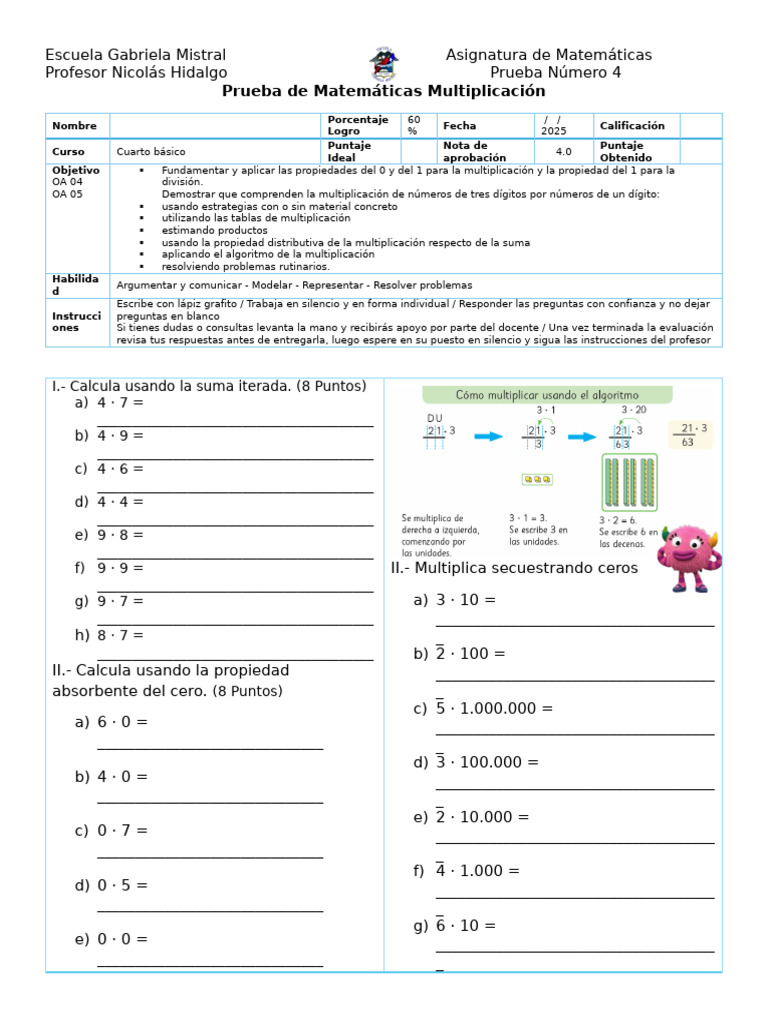 Prueba de Matemáticas Multiplicación | PDF | Multiplicación | Matemáticas