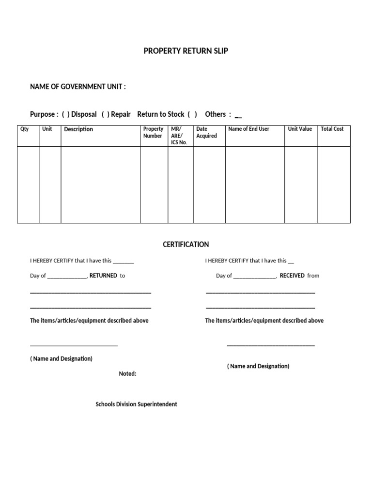 Property Return Slip Form | PDF