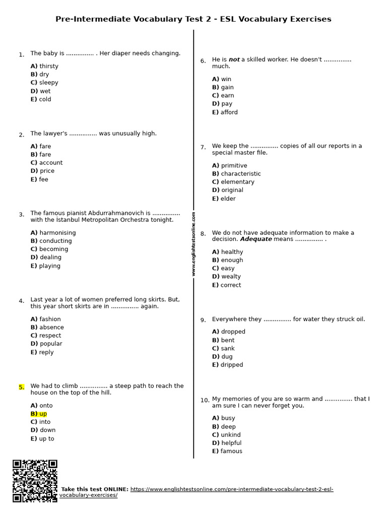 Pre-Intermediate ESL Vocabulary Test | PDF