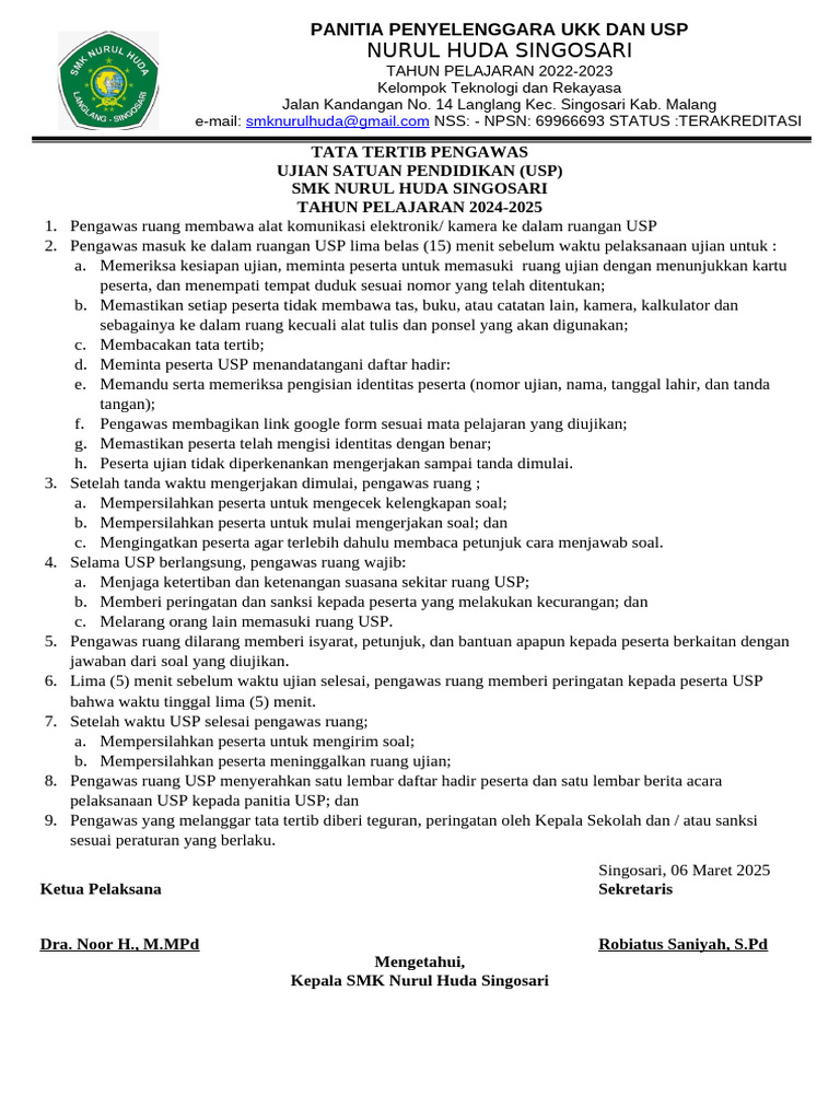Tata Tertib USP SMK Nurul Huda 2024-2025 | PDF