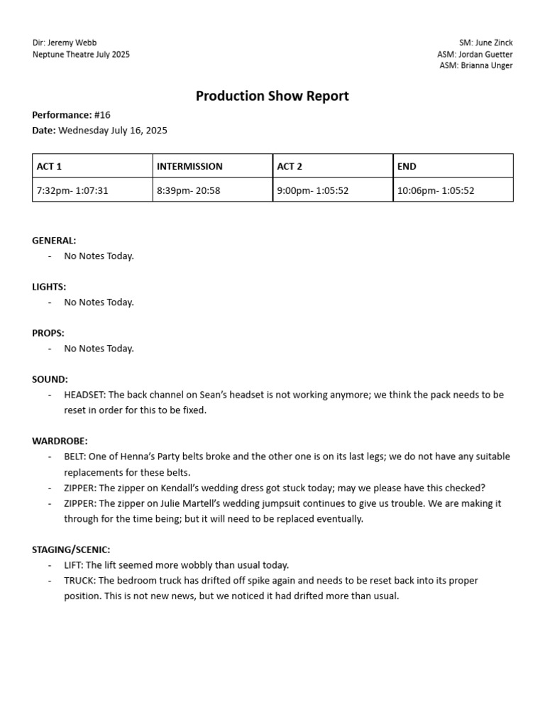 MM Production Show Report #16 Wed July 16 | PDF