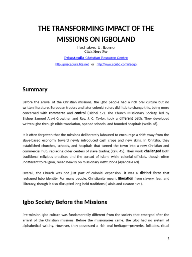 Impact of Missions on Igbo Society | PDF | Igbo People | Missionary
