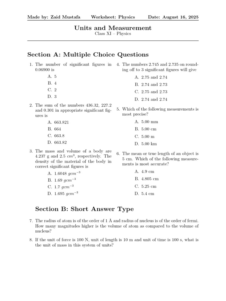 Class XI Physics: Units & Measurement Quiz | PDF