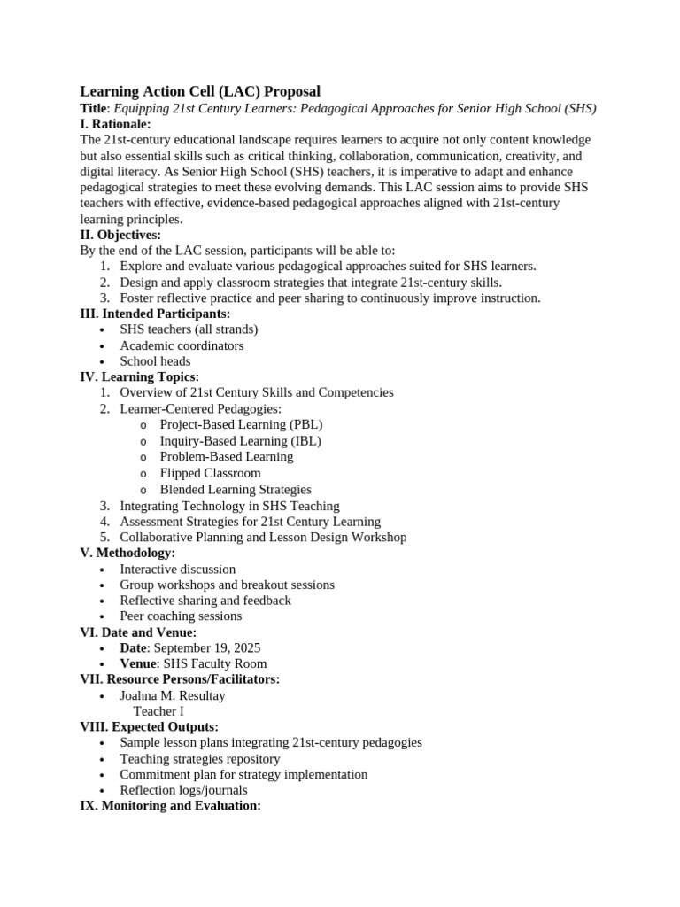 Lac Proposal | PDF | Pedagogy | Learning